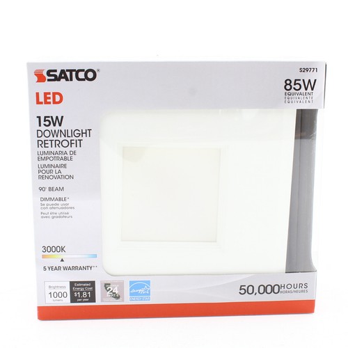 Satco 15W LED Recessed Retrofit 5-6" Downlight White Square Dimmable ...