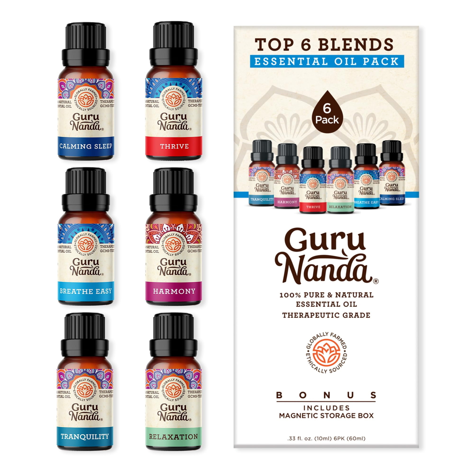 Guru Nanda Essential Oil for Diffusers - Set of 6 Therapeutic Blended ...