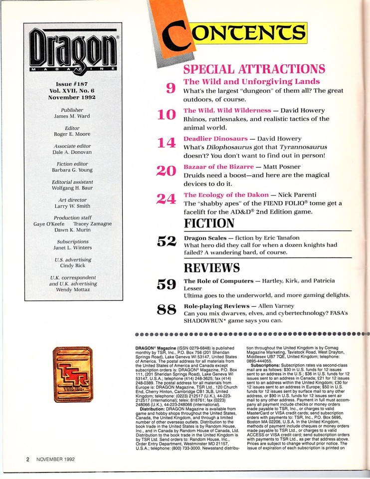 Vintage Dragon Magazine #187 Nov 1992 for Dungeons and Dragons, Mint ...