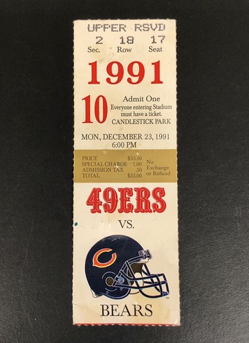SF 49ers vs Chicago Bears Football Ticket Stub December 13, 1991 at ...