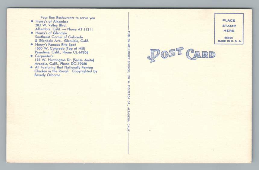 Henry's Restaurant Drive-In ALHAMBRA California Chicken in Rough Linen ...