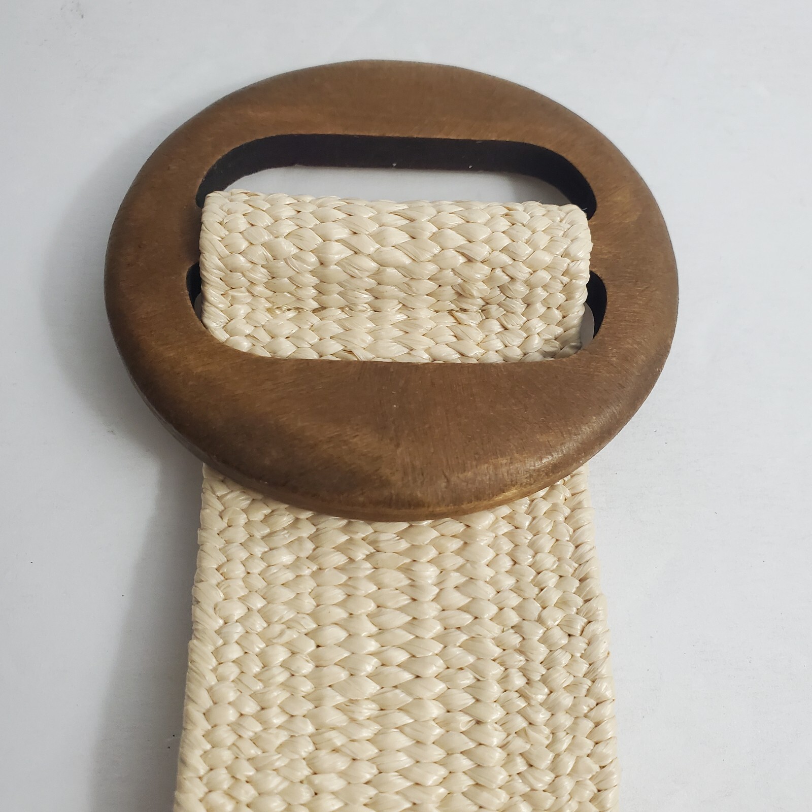 Vtg Boho Summer Jute Stretch Waist Belt Womens Oval Wood Buckle Ivory ...
