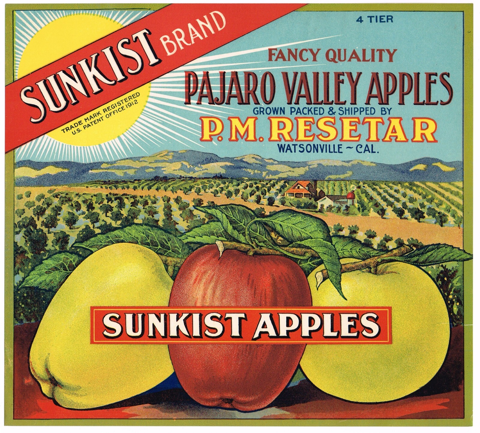 ORIGINAL APPLE CRATE LABEL VINTAGE WATSONVILLE SUNKIST RESETAR 1920S #2 ...