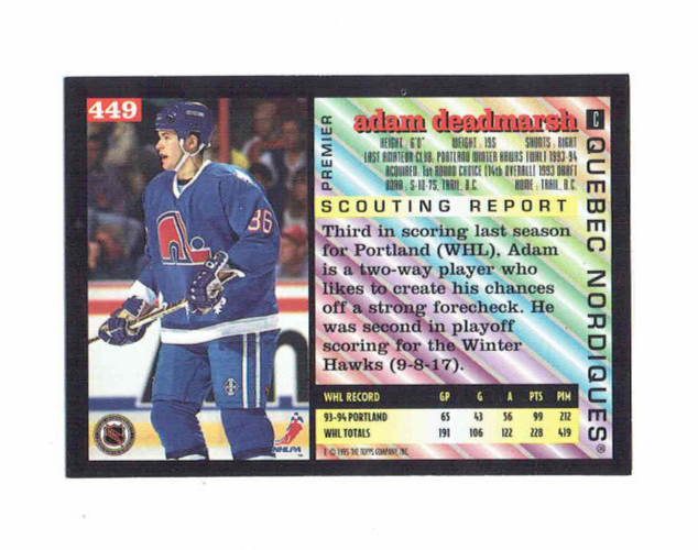 Adam Deadmarsh Quebec Nordiques C #449 Topps 1995 NHL Prospect Hockey ...