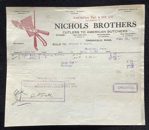 invoice bill letterhead cutlery butcher knives Greenfield MA ephemera ...