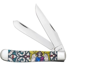 CASE XX KNIVES NATURAL BONE STAINED GLASS ANGEL TRAPPER POCKET KNIFE ...