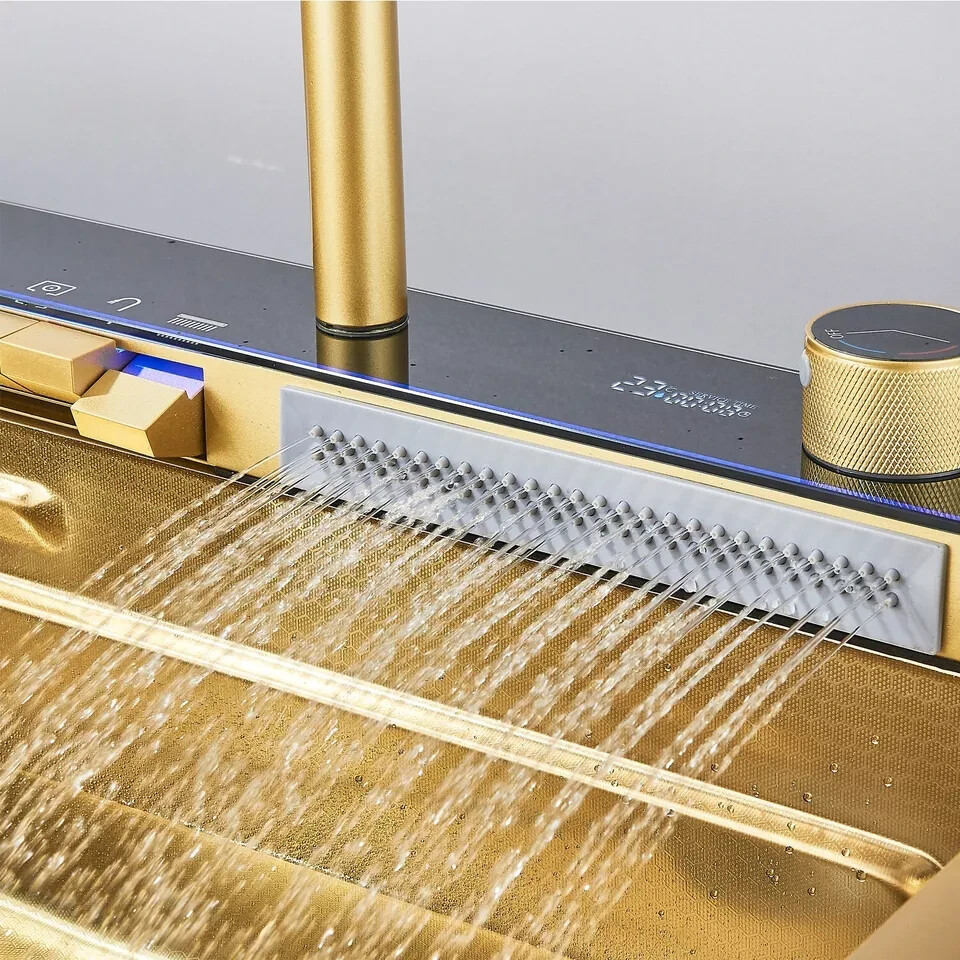Gold Kitchen Sink Deluxe Flying Rain Waterfall Single Bowl Pull Out ...