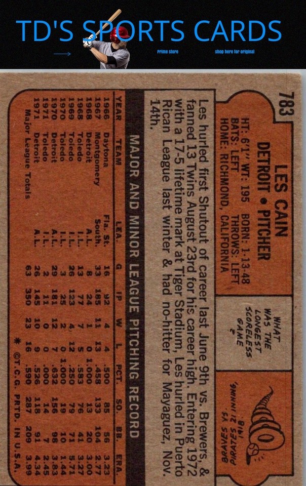 1972 Topps #783 Les Cain | eBay