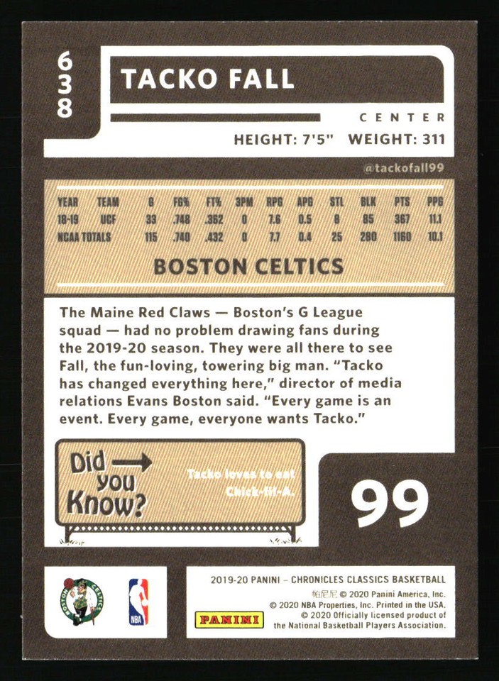 Tacko Fall 2019 Panini Chronicles #638 RC Basketball Card | eBay