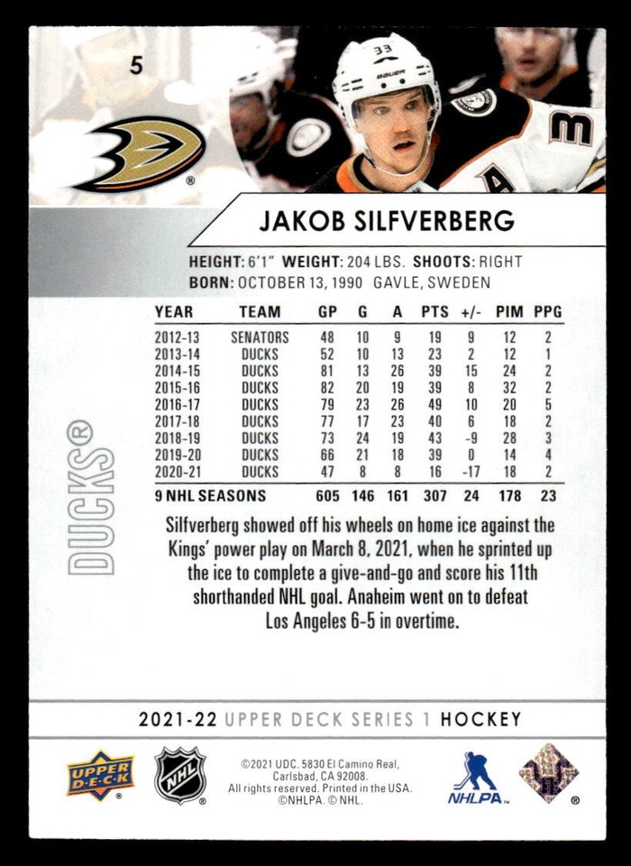 Jakob Silfverberg 2021 Upper Deck #5 Anaheim Ducks | eBay