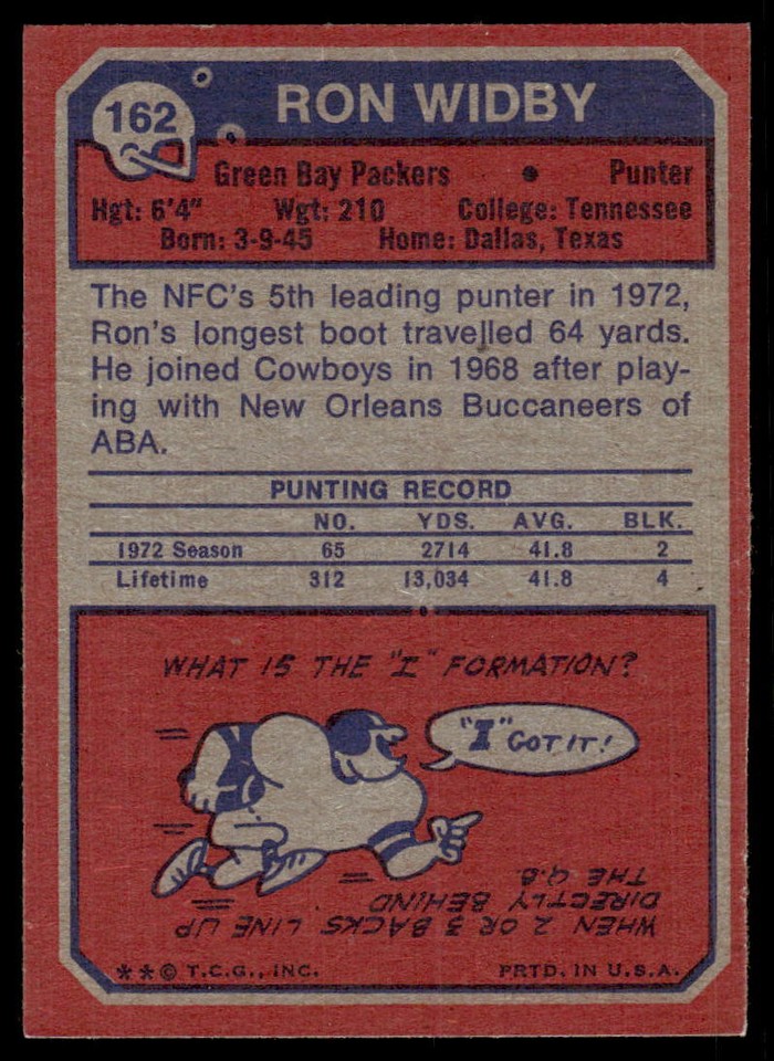1973 Topps Ron Widby #162 Green Bay Packers Football Card | eBay