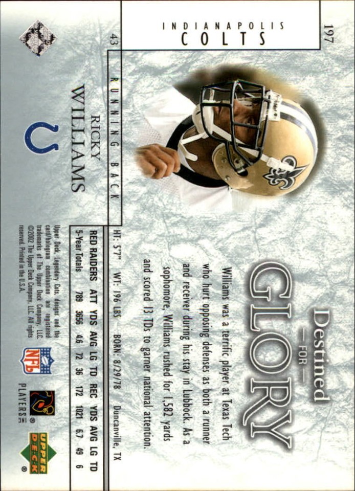 2002 SP Legendary Cuts Football Card #197 Ricky Williams Rookie | eBay