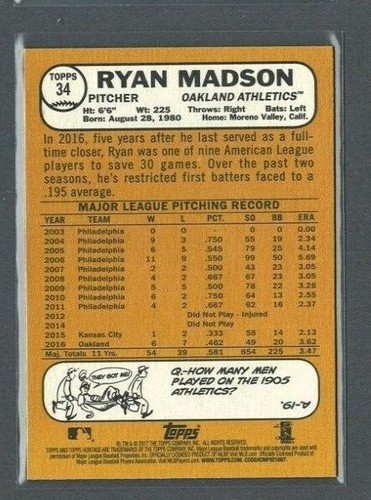 2017 Topps Heritage GRAY BACK #34 Ryan Madson /10 SP Grey Oakland ...
