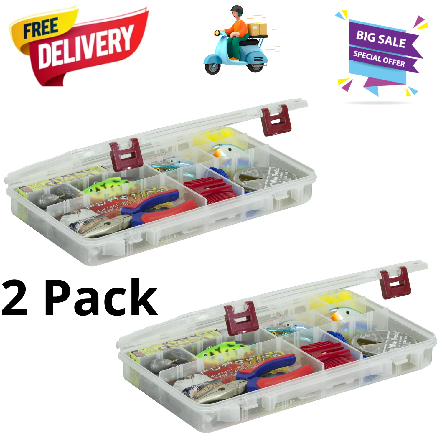 2 Pack Plano ProLatch Stowaway Large Clear Organizer Tackle Box, Large ...
