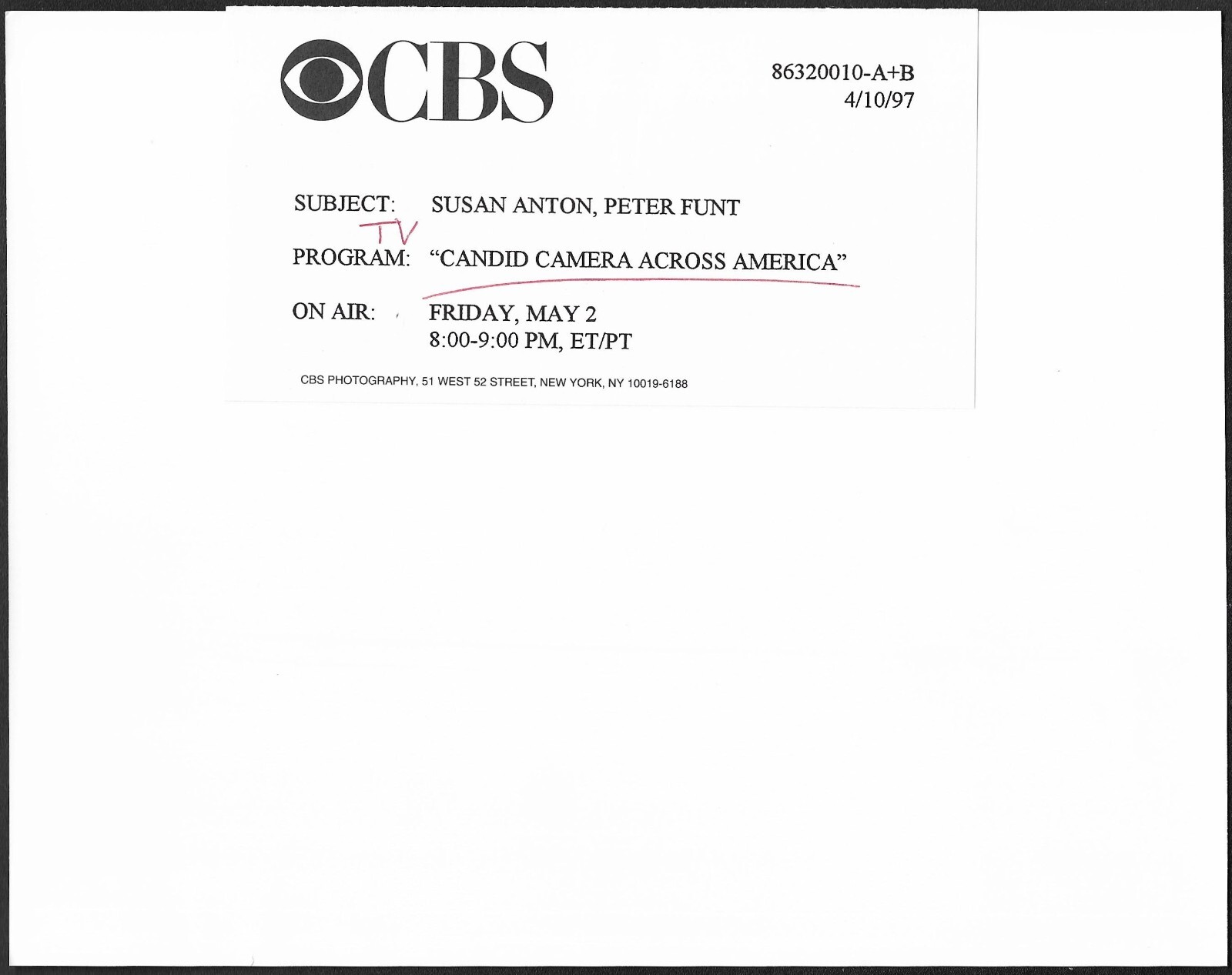 Susan Anton Candid Camera Original 1990s CBS TV Series Promo Photo ...