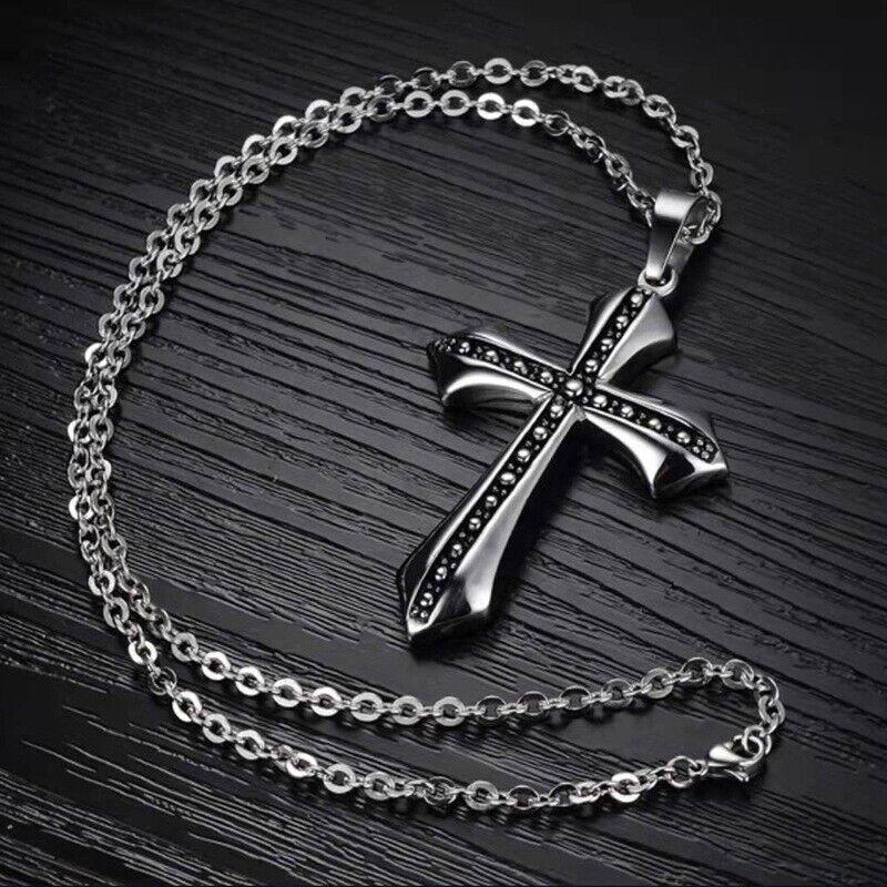 Mens Women Chain Necklace Black Cross Stainless Steel Pendant Crucifix ...