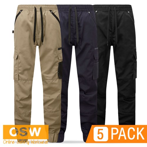 5 x Mens Slim Fit Leg Lightweight Drawstring Tradies Work Pants ...