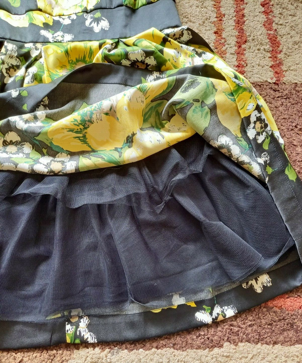 MONSOON FUSION BLACK SATIN PROM DRESS WITH YELLOW FLO… - Gem