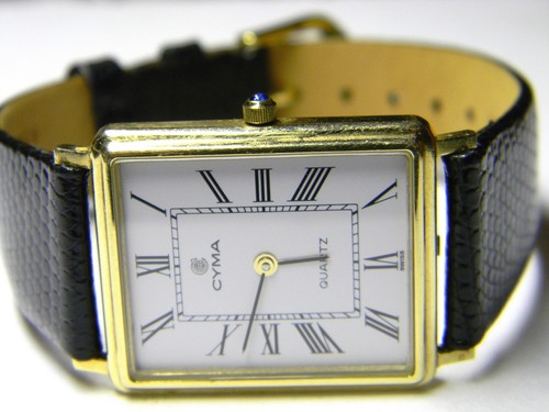 mens Cyma 14K Solid Gold rectangular tank roman numeral white face ...