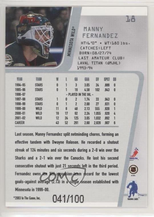 2002-03 ITG Be A Player Between the Pipes Silver /100 Manny Fernandez ...