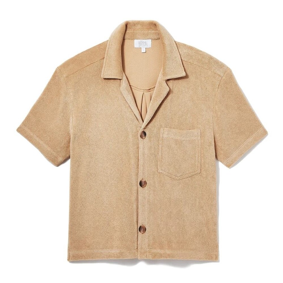 Alice Pearl Weekend Top Latte Tan Small Terry Cloth Button Down Short ...