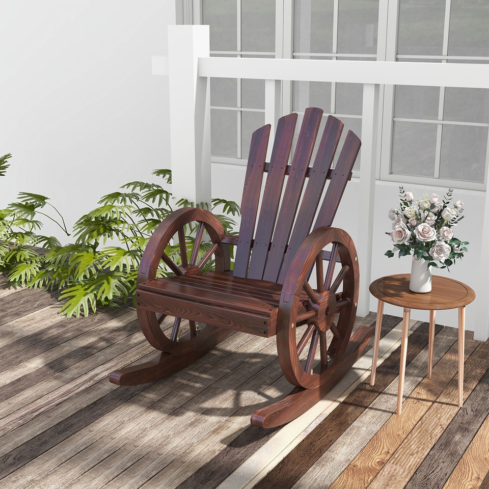 Wooden Rocking Chair with High Back Wagon Wheel Bench Patio Porch ...