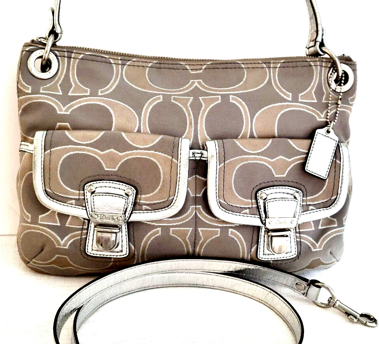 COACH POPPY HIPPIE Metallic SILVER GRAY Signature Cro… - Gem