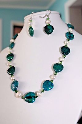 Beautiful AZURITE Heart Shaped Gem & White CULTURED PEARL Necklace ...