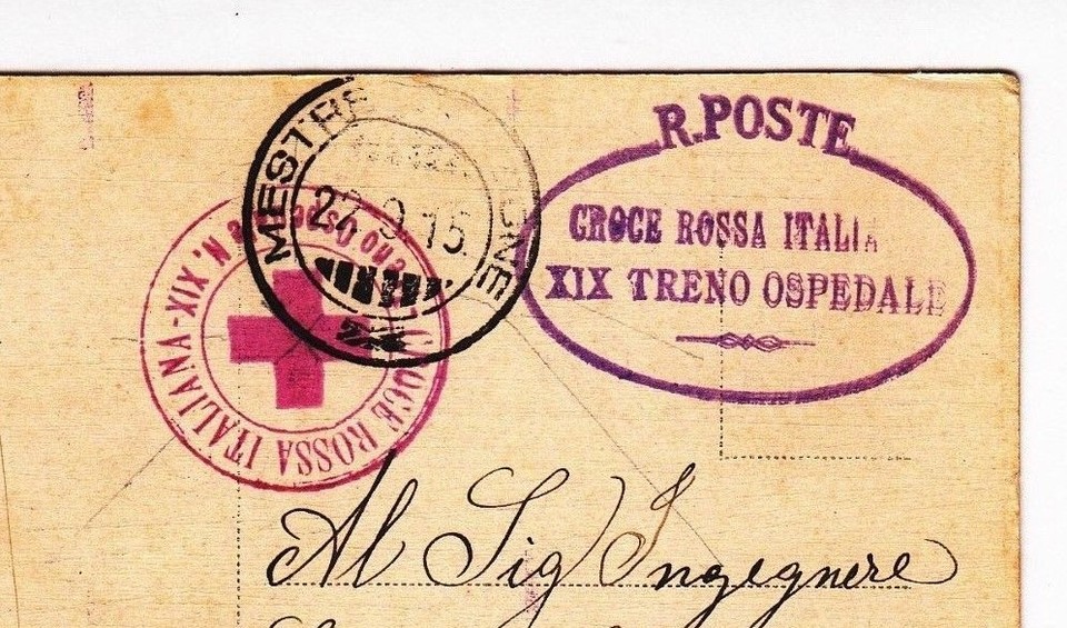 MESTRE VIA GIOSUE CARDUCCI-RETRO TIMBRO CROCE ROSSA ITALIANA XIX TRENO ...