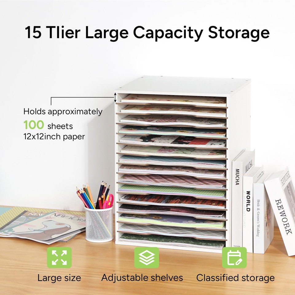 15 Slot Paper Organizer Storage, Wood Adjustable Shelves Paper Storage ...