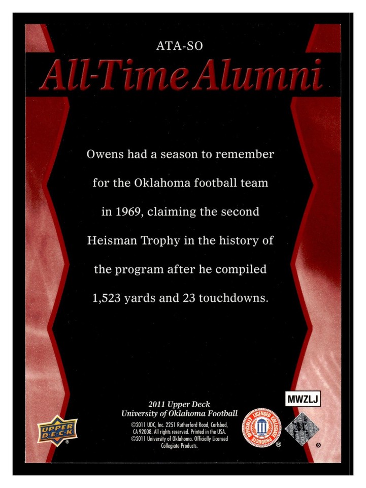 2011 Upper Deck University of Oklahoma Steve Owens #ATA-SO Oklahoma ...