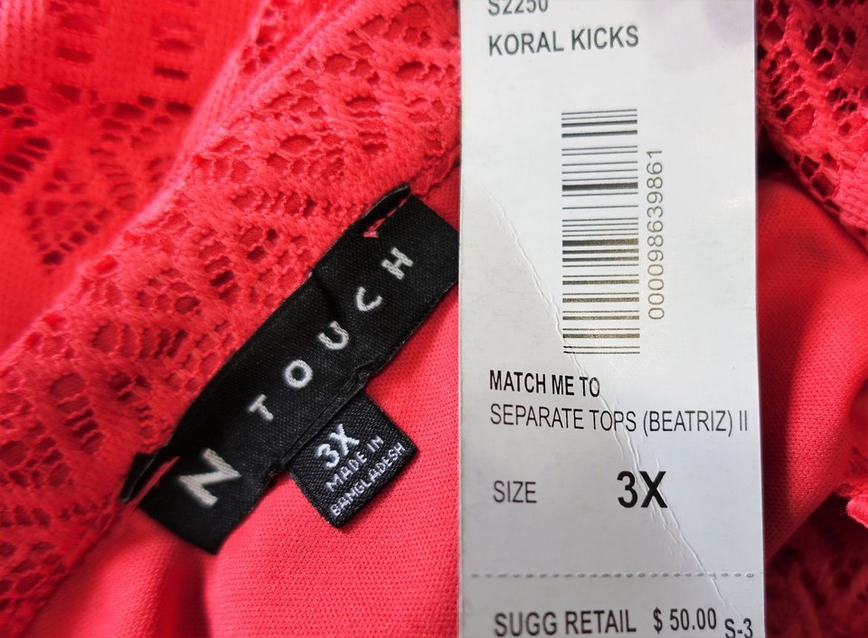 N Touch Women Plus 1x 2x 3x Coral Floral Lined Mesh Lace Tunic Top ...