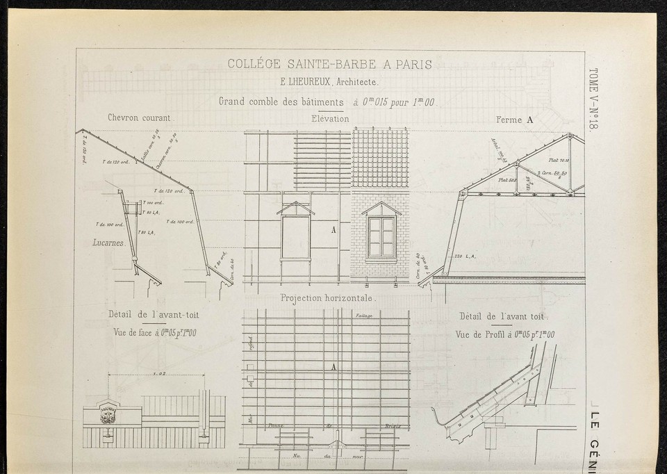 1884 - Sainte-Barbe College in Paris - Old plan of the attic and roof ...