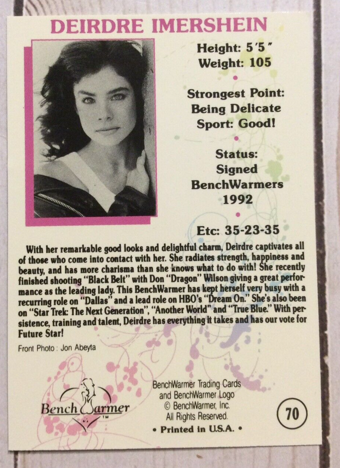 1992 Benchwarmer Series One First Edition Card # 70 Deirdre Imershein ...
