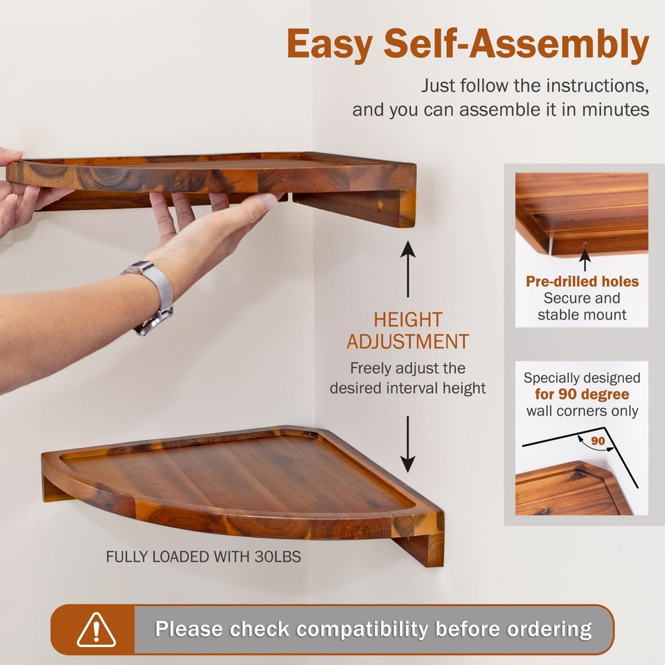 Demigo Floating Round Corner Shelves for Wall 2pcs - Acacia Wood Wall ...