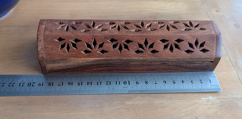 Vintage 19cm wood wooden carved joss stick box incense storage ...