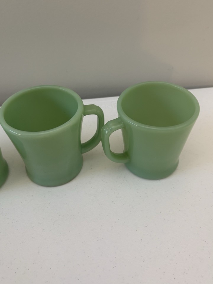4 Vtg Fire King Green Jadeite Heavy D Handle Mugs Cups Oven Ware MCM ...