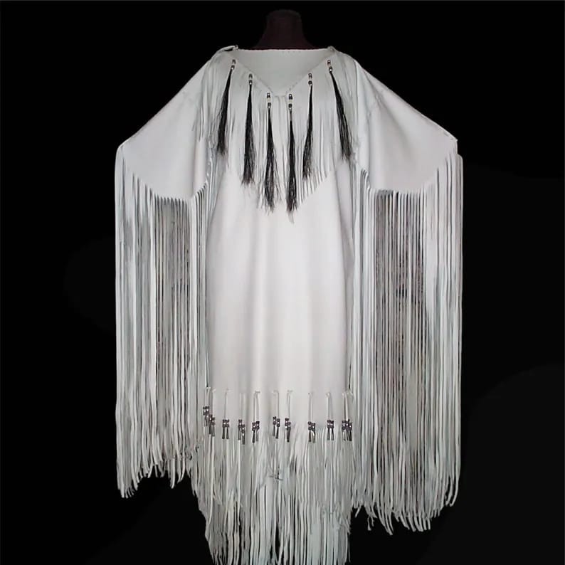 Native American Style White Buckskin Dress Long Fringe Beaded Tassels ...