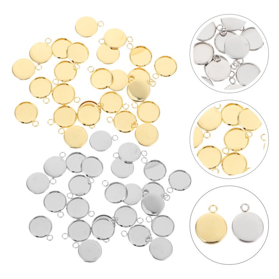 50 Pcs Round Pendant Tray Jewelry Bases Blank Bezels with Hanging Hole ...