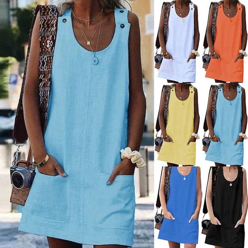 Women Summer Solid Beach Tank Dress Ladies Boho Holiday Button Casual ...