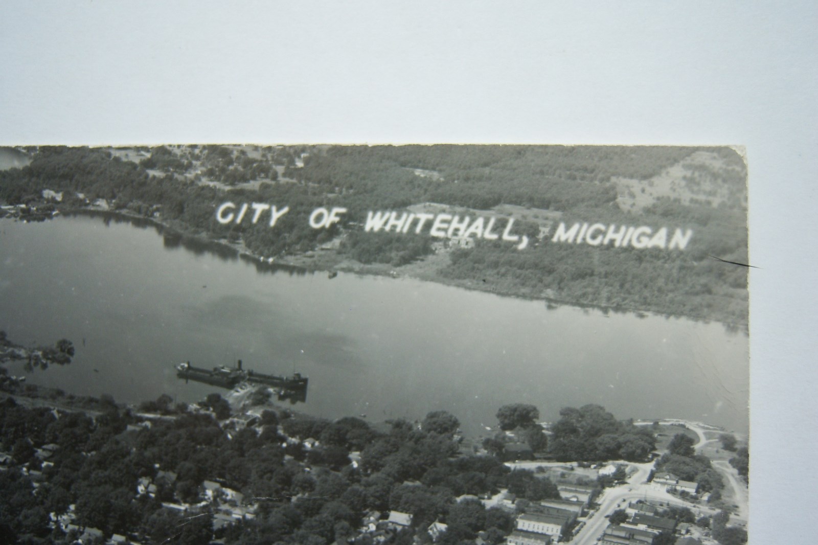 CITY OF WHITEHALL, MICHIGAN postcard RPPC aerial view, White Lake ...