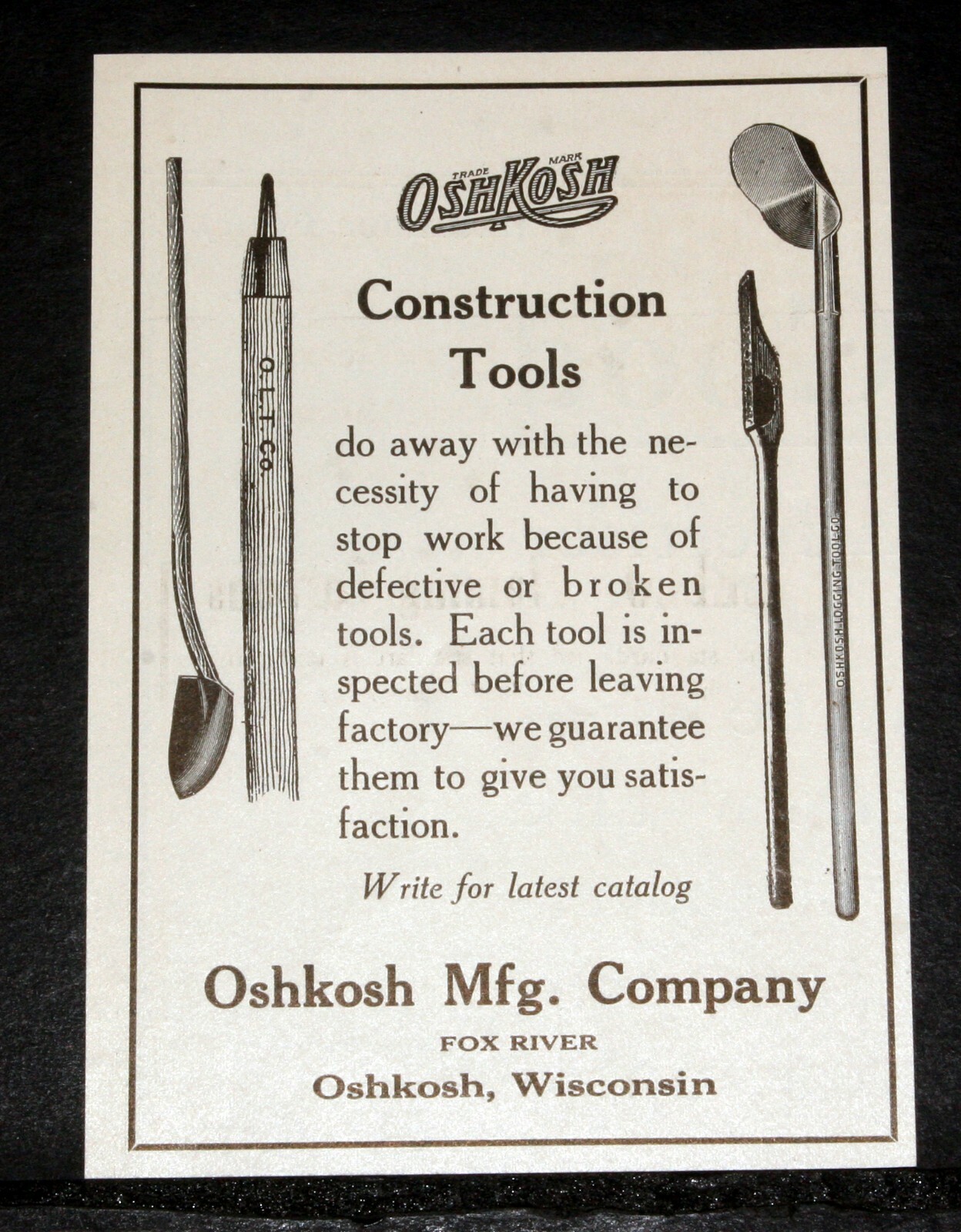 1912 OLD MAGAZINE PRINT AD, OSHKOSH, CONSTRUCTION TOOLS, EACH TOOL IS ...