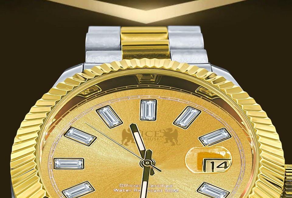 18K Mens Solid Steel 2-Tone White/Yellow Gold Tone Diamond Cut Watch ...