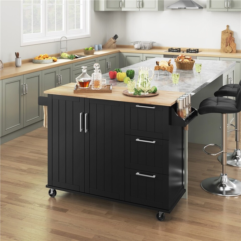 Rolling Kitchen Island w/Drop Leaf Tabletop, Kitchen cart w/3 Drawers ...