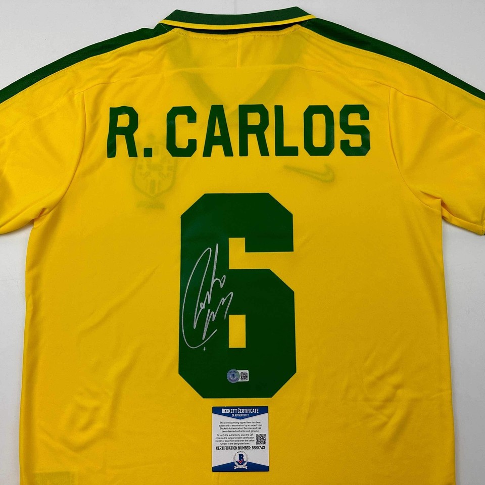 Autographed/Signed Roberto Carlos Brazil Yellow Retro Soccer Jersey ...