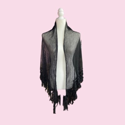 ANTIQUE Inky Black Victorian 19th Century Netted Mourning Shawl with ...