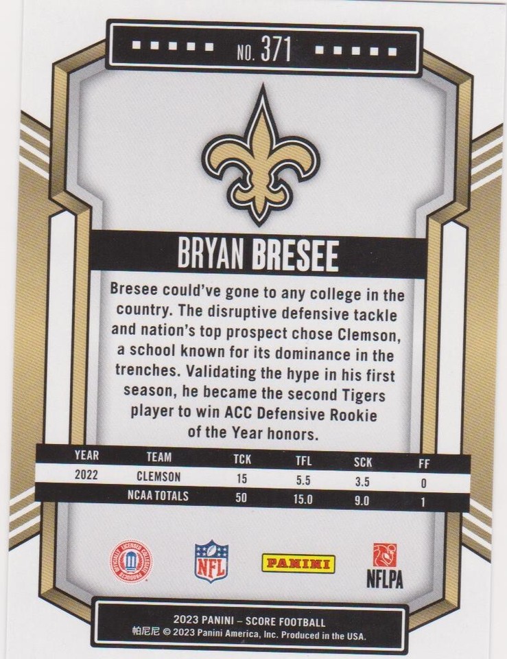 Bryan Bresee 2023 Score Rookie Football Card #371 New Orleans Saints ...