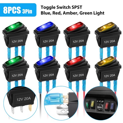 8pcs LED Lighted Rocker Toggle Switch 12V 3 Pin Waterproof ON/Off SPST ...