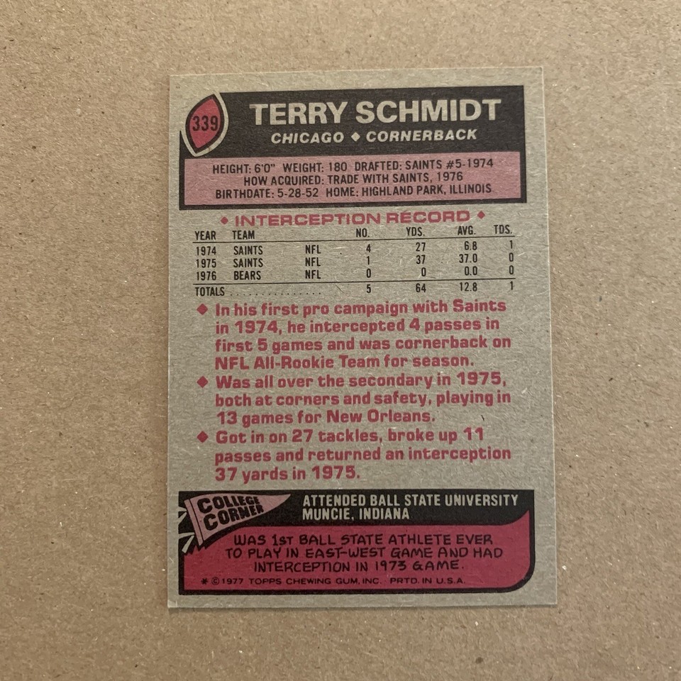 1977 Topps Terry Schmidt # 339 Chicago Bears Football Card NFL | eBay