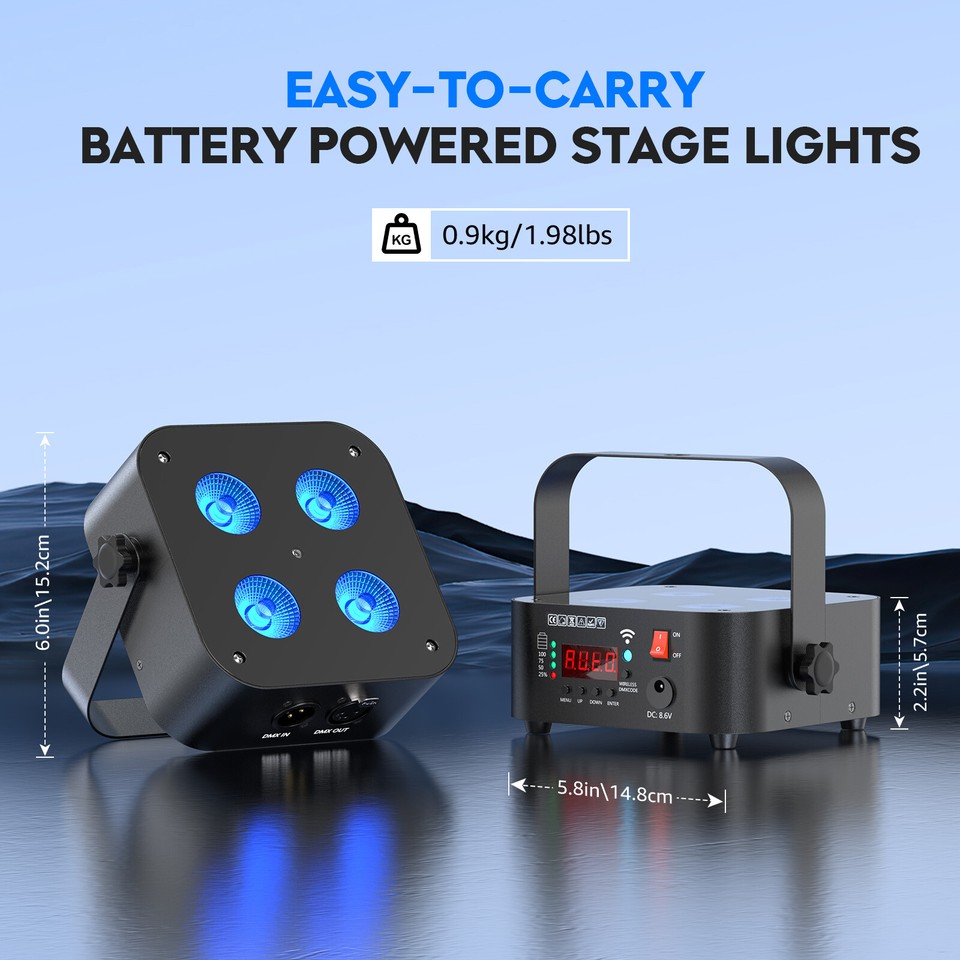 LED 4x25W RGBWA+UV Battery Powered WIRELESS DMX Par Can DJ Uplighting ...